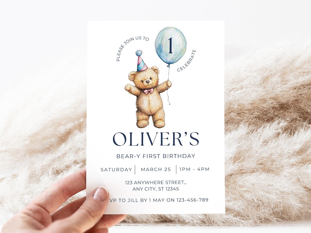 Beary First Birthday Invitation, Editable Beary First Birthday ...
