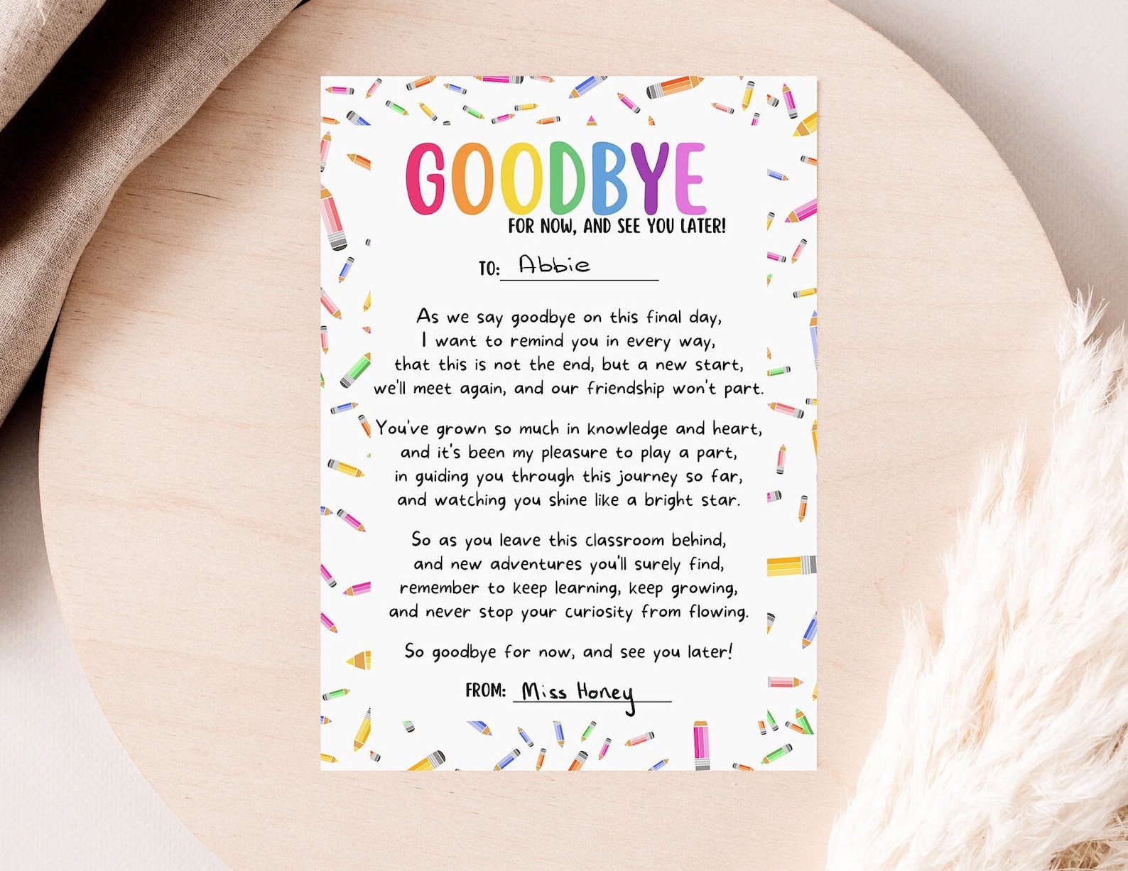 Teacher Goodbye Gift to Students, Last Day of School Gift From Teacher ...