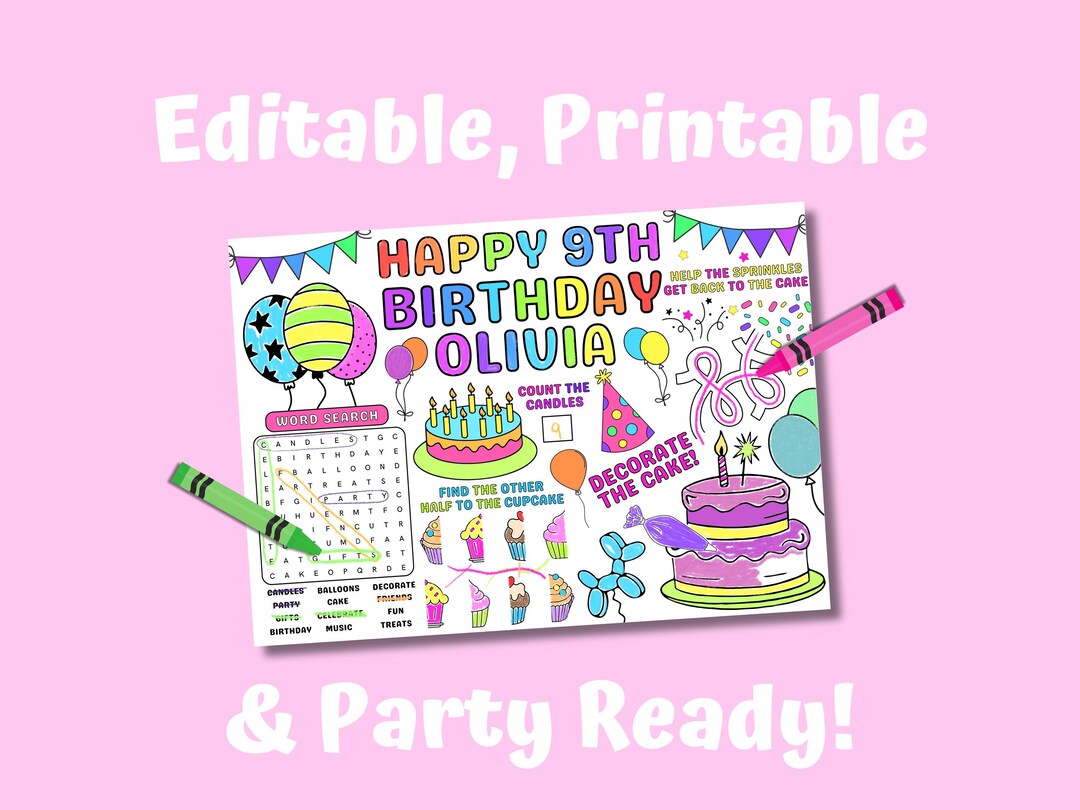 Birthday Coloring Placemat for Kids Personalized Party Sheet Paper ...
