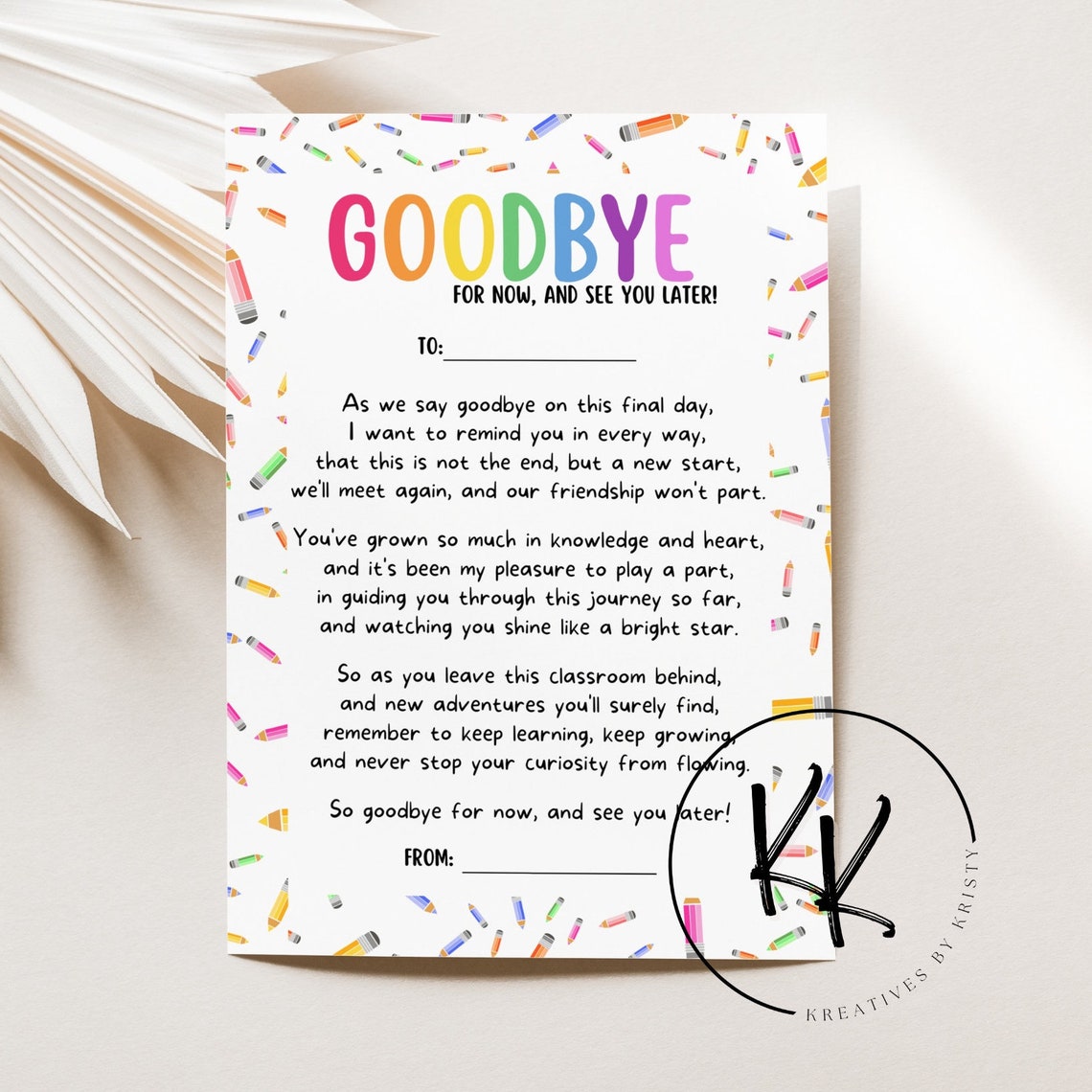 Teacher Goodbye Gift to Students, Last Day of School Gift From Teacher ...