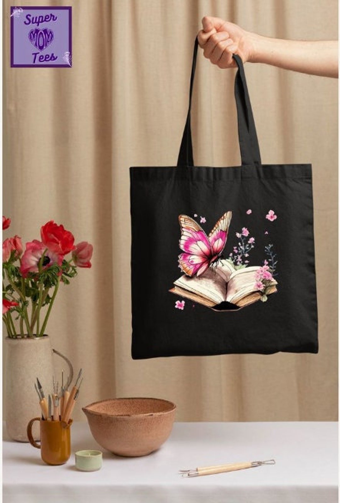 Book Tote Bag With Cute Butterfly, Gift Bag for Book Lover, Bookish ...