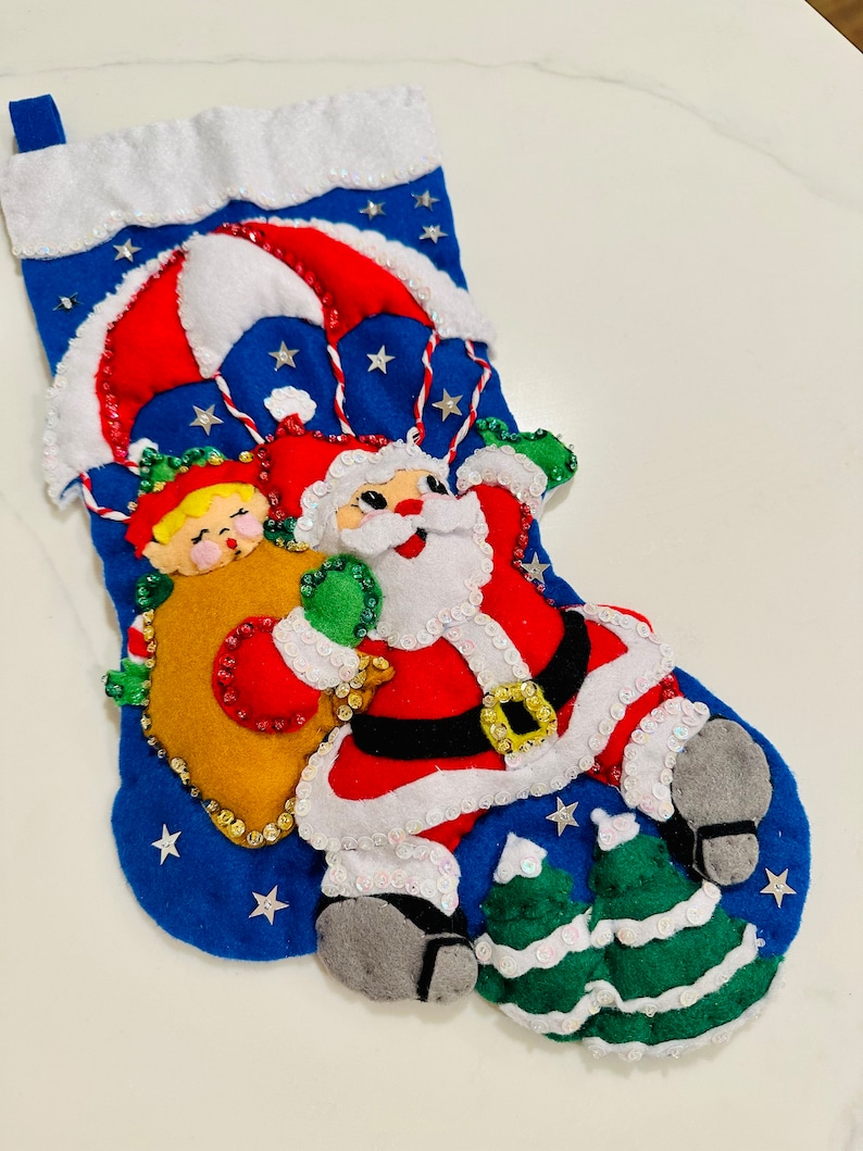 Finished Christmas Stocking - Hand Sewn Felt Appliqué - Skydiving Santa ...
