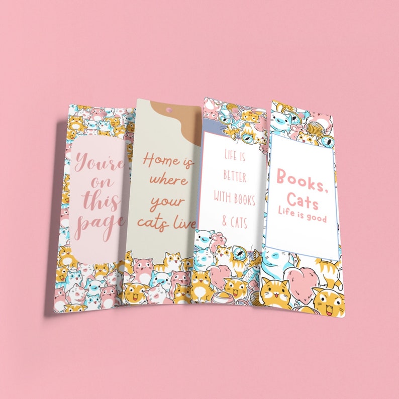 CATS & BOOKS 2.3x7” Printable Bookmarks Set of 4 - Bookmarks for Cat ...