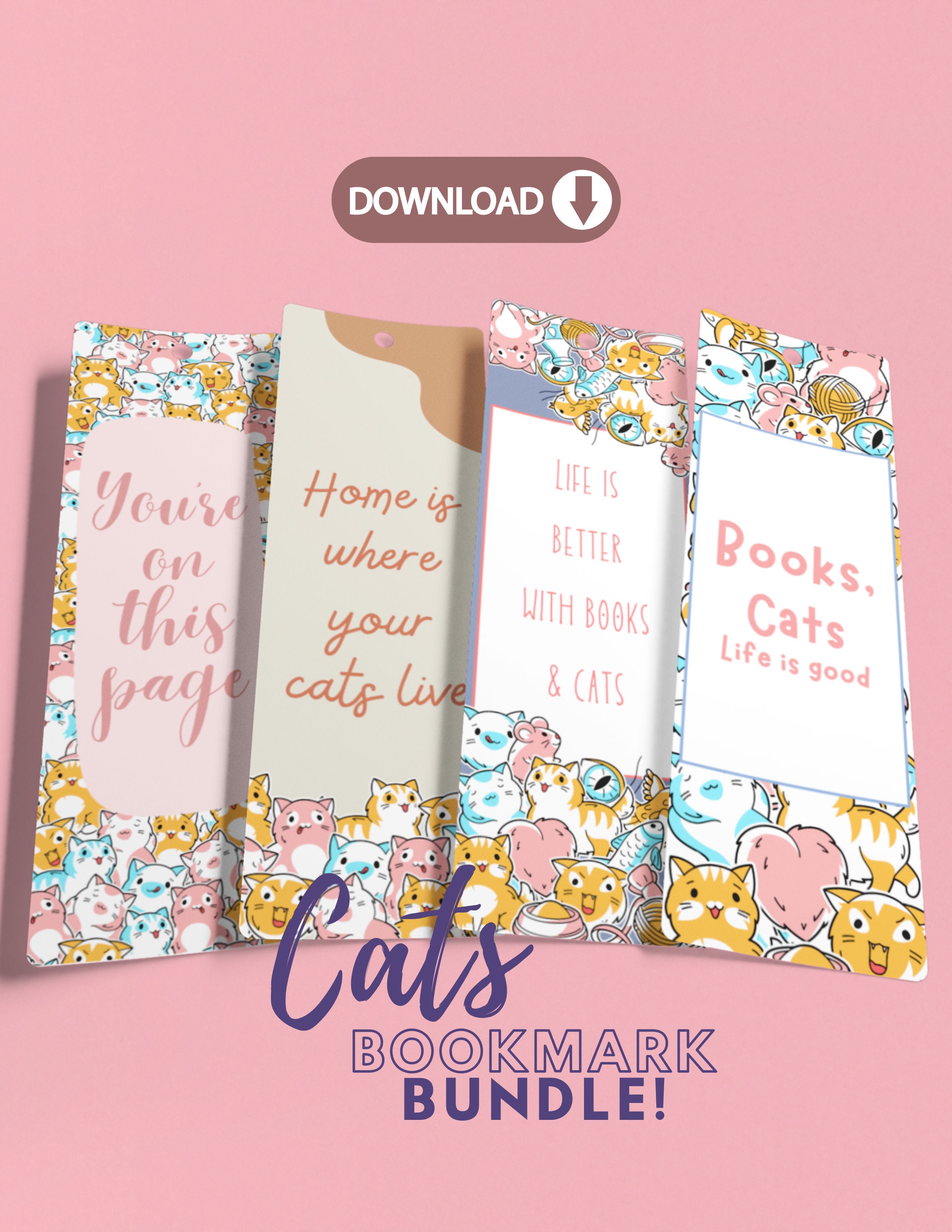 CATS & BOOKS 2.3x7” Printable Bookmarks Set of 4 - Bookmarks for Cat ...