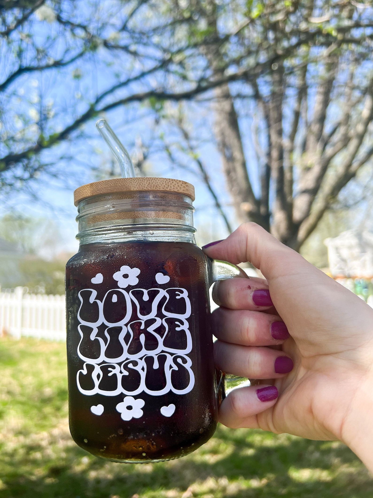 Love Like Jesus Glass Mason Jar Mug With Handle Iced Coffee Cup Christian Glass With Lid and ...