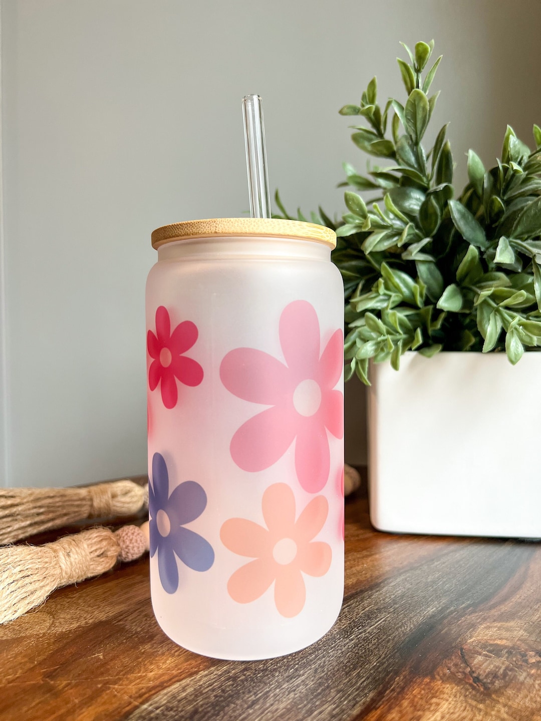Daisy Glass Tumbler | Beer Can Glass | Floral Can Glass |16oz Glass ...