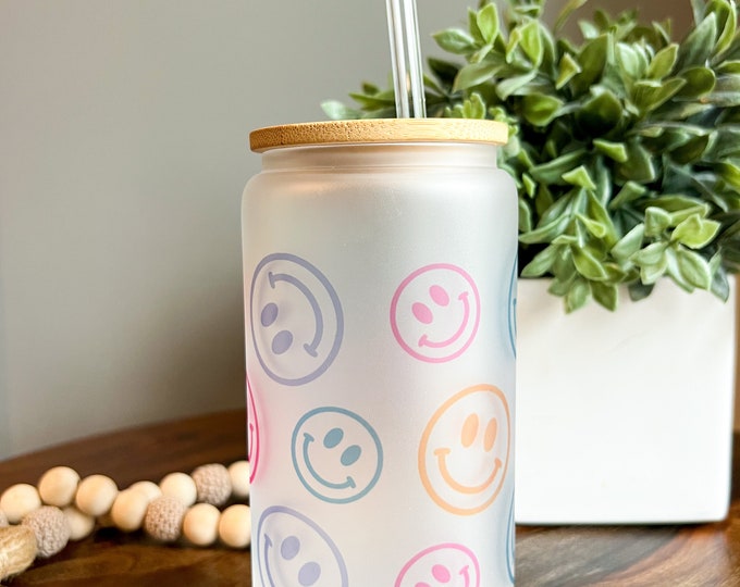 Smiley Iced Coffee Glass, Smile Glass Smiley Face Beer Can Glass Mason ...