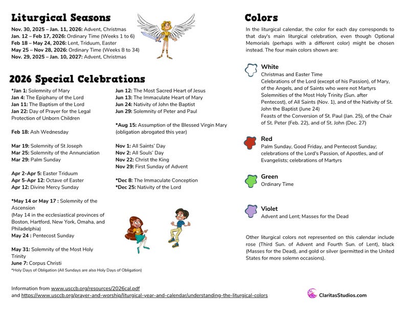 2026 Liturgical Calendar: Catholic Children's Printable (digital ...