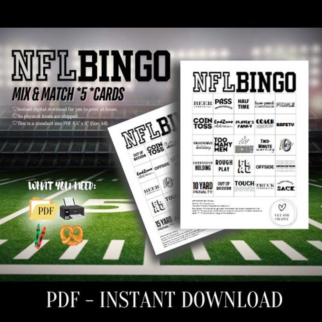 NFL BINGO - Game - Printable Sports Bingo Cards, Football Party Game ...