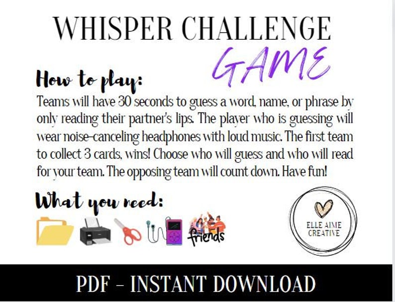 Whisper Challenge Game, Printable, Digital Print, Christmas Party Games ...