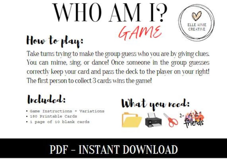 Who Am I GAME - PDF Instant Download - Guessing Game - Family Fun ...