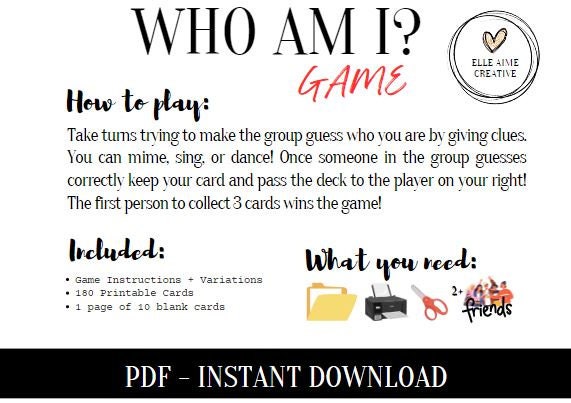Who Am I GAME - PDF Instant Download - Guessing Game - Family Fun ...