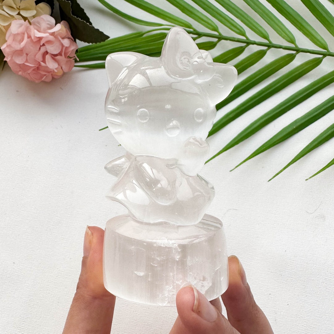 3.7" Selenite Kitty Cat Figurine With Free Light Base for Decoration - Etsy