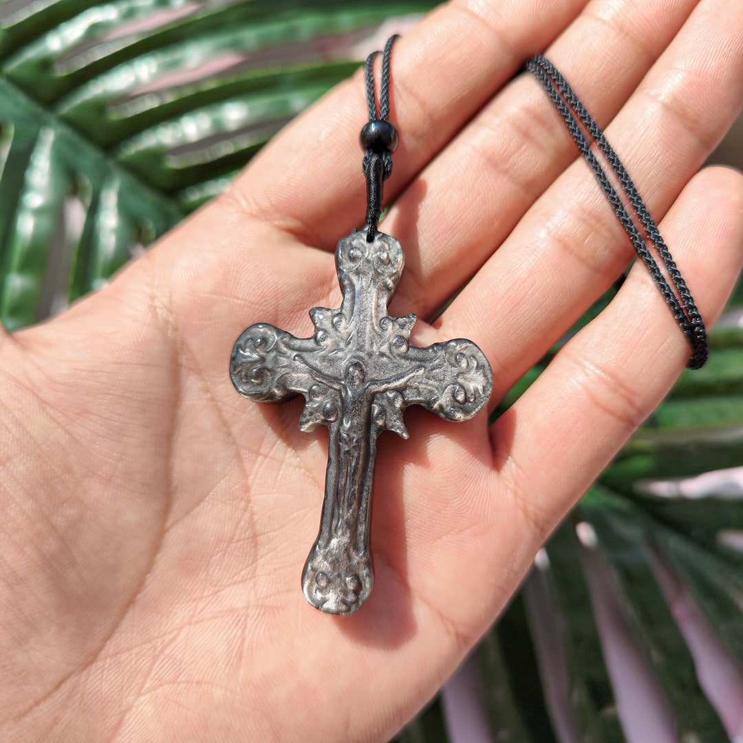 Silver Obsidian Cross Necklace Pendant - Etsy