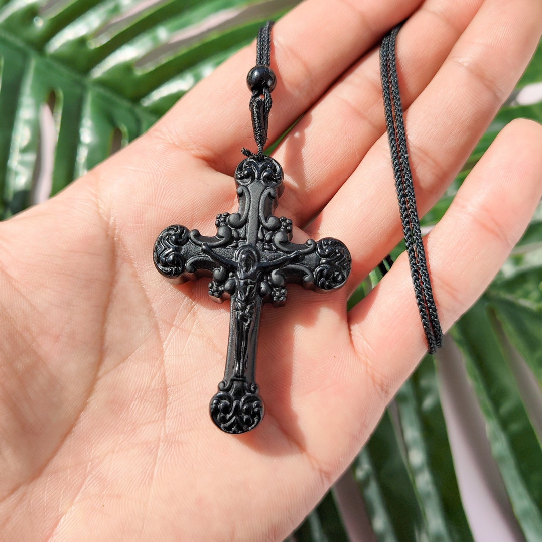 Natural Obsidian Cross Necklace Pendant - Etsy