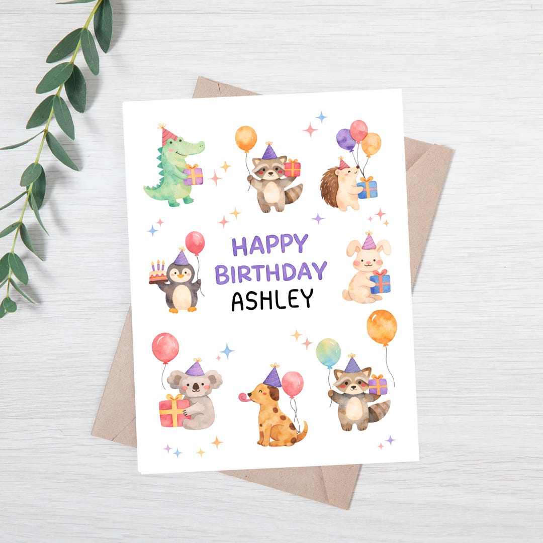 Personalized Watercolor Animal Birthday Card | Custom Name Kids ...