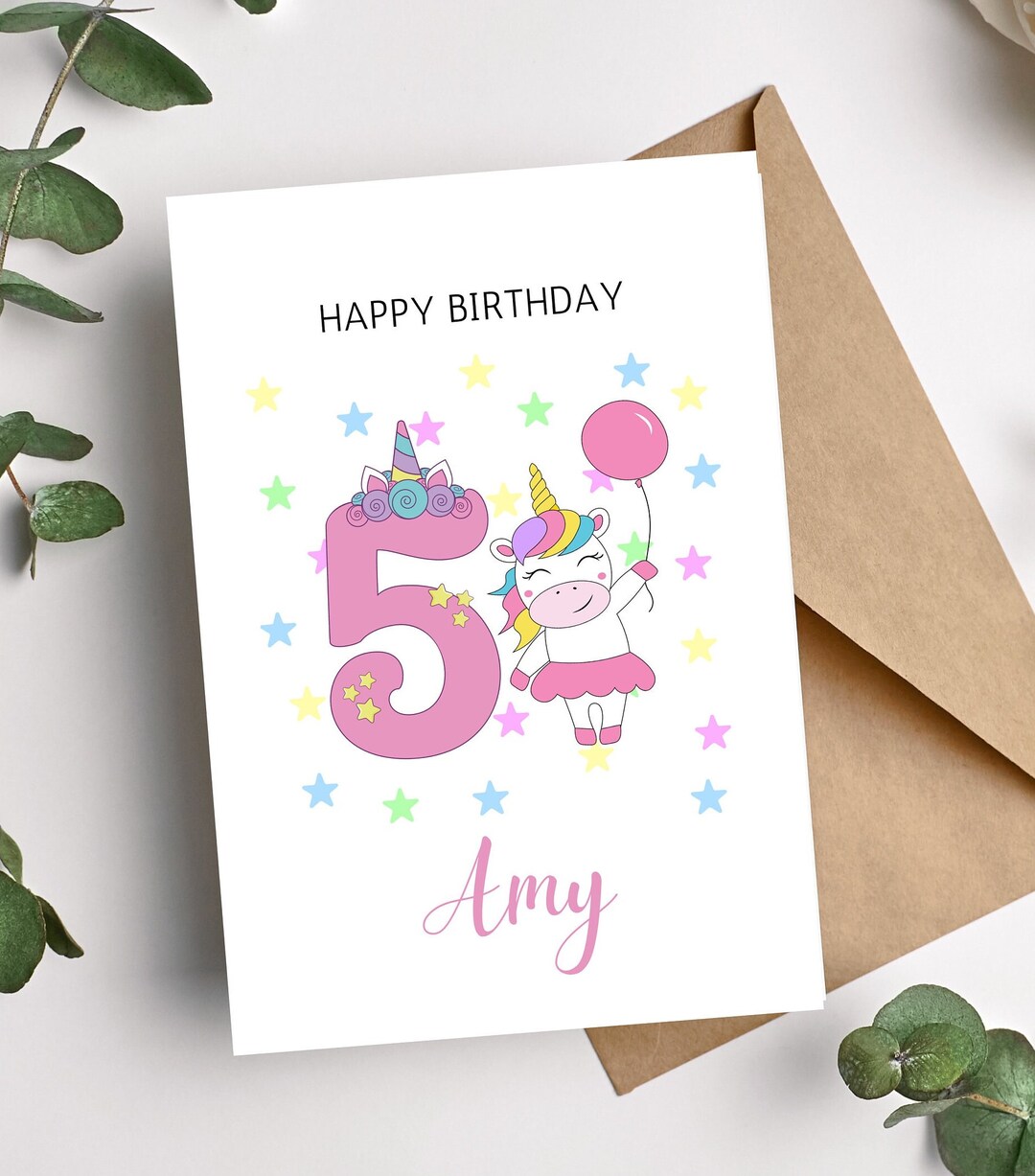 Personalized 5th Birthday Birthday Card for 5 Year Old Girl Unicorn ...