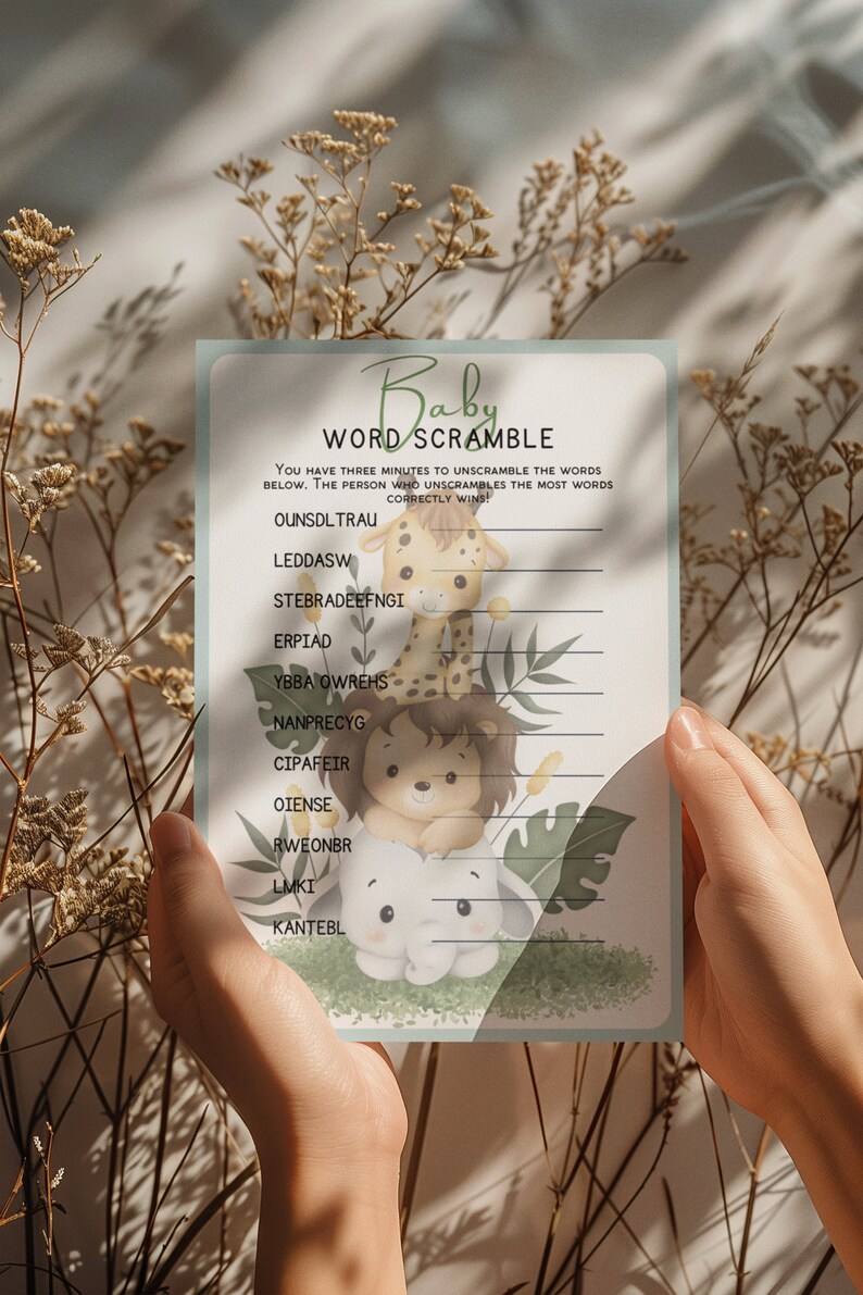 Safari Baby Shower Word Scramble Game - Adorable Giraffe, Lion ...