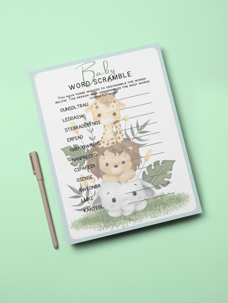 Safari Baby Shower Word Scramble Game - Adorable Giraffe, Lion ...