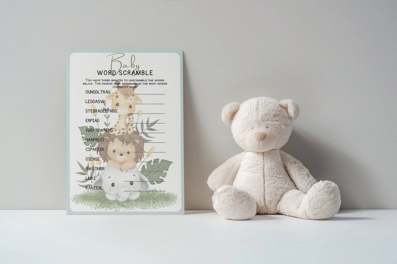 Safari Baby Shower Word Scramble Game - Adorable Giraffe, Lion ...