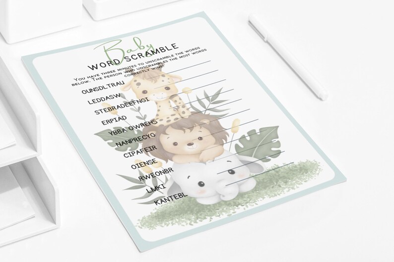 Safari Baby Shower Word Scramble Game - Adorable Giraffe, Lion ...