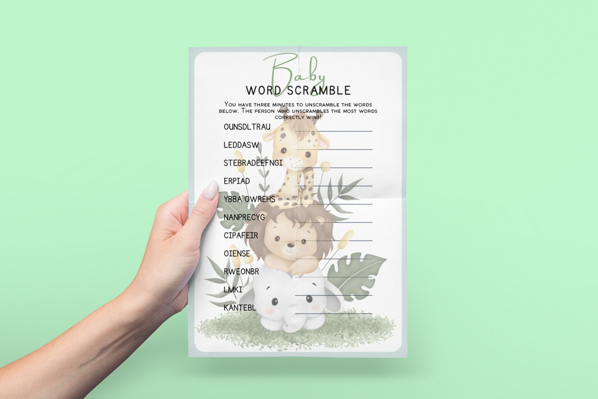 Safari Baby Shower Word Scramble Game - Adorable Giraffe, Lion ...