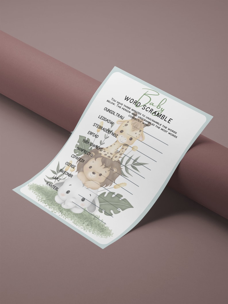 Safari Baby Shower Word Scramble Game - Adorable Giraffe, Lion ...