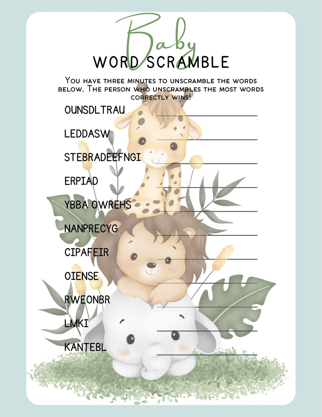 Safari Baby Shower Word Scramble Game - Adorable Giraffe, Lion ...