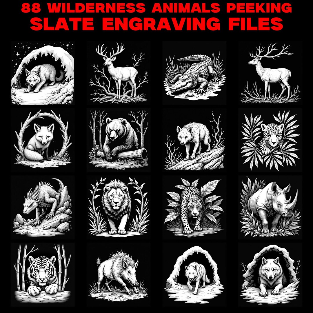 Slate Engraving Files Wilderness Animals Peeking Through Dense Forest ...