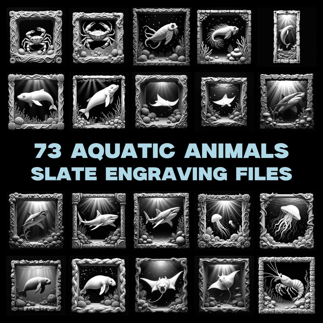 Slate Engraving Files Aquatic Animals Emerging in Engraved Stone Frame ...