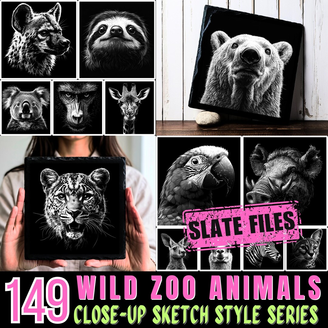 Slate Engraving Files Wild Zoo Animals Close-up Sketch Style Series ...