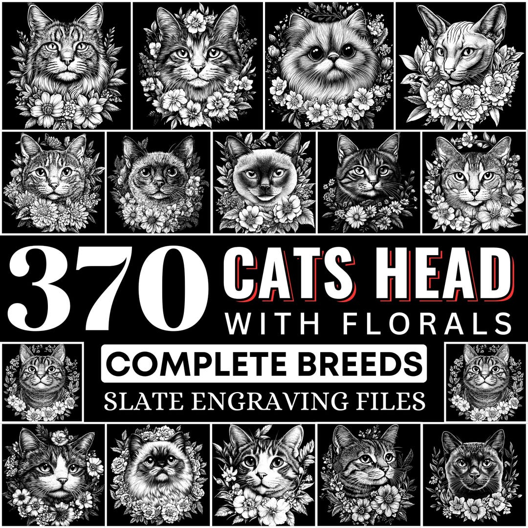 Slate Engrave Files Cats Head With Florals, Laser Ready PNG Engraving ...