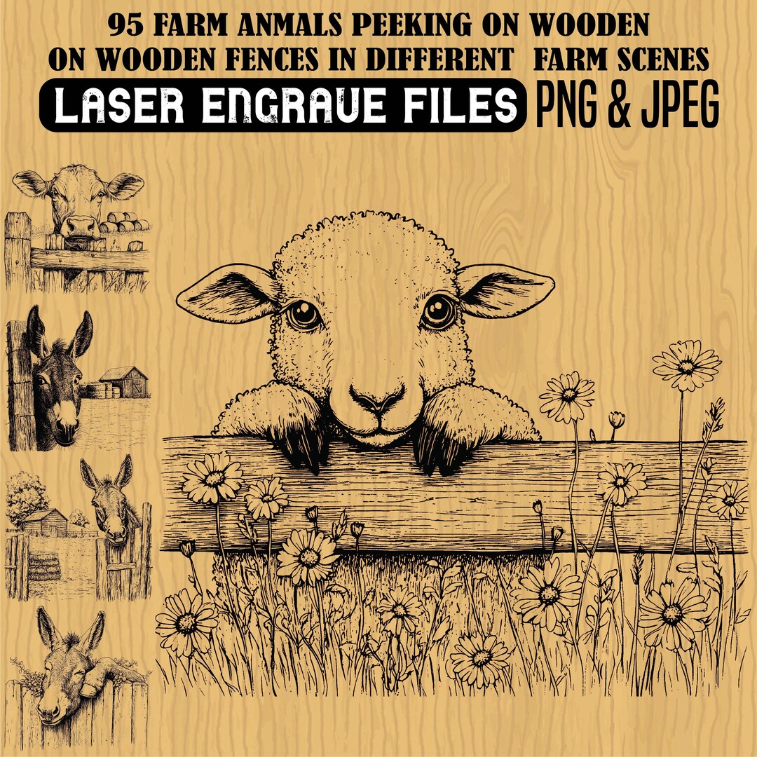 Laser Engraving Files Farm Animals Peeking on Wooden Fences in Rustic ...