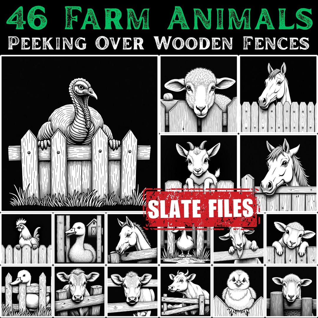 Slate Engraving Files Farm Animals Peeking Over Wooden Fences in Zoomed ...