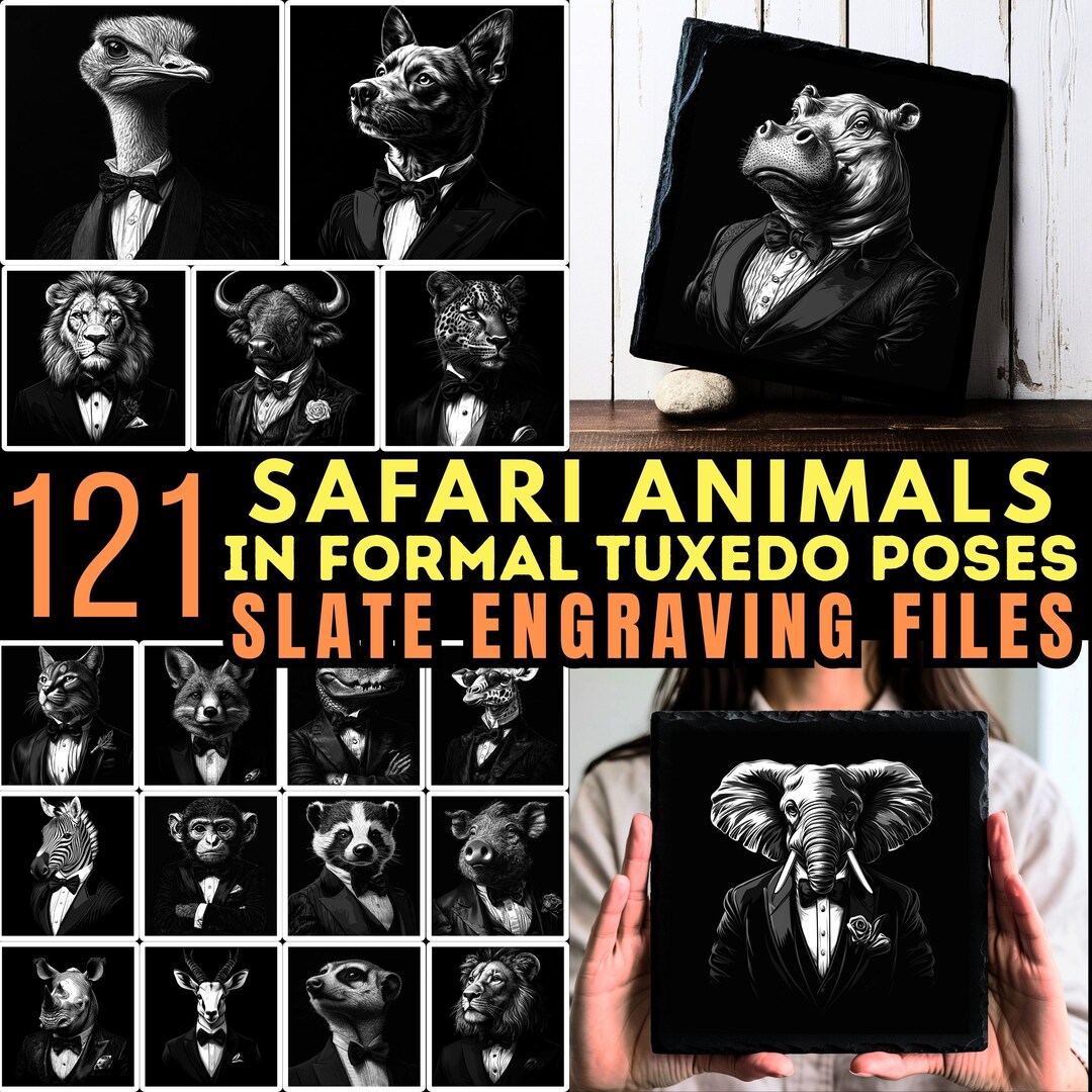 Slate Engraving Files Safari Animals in Formal Tuxedo Poses Bundle ...