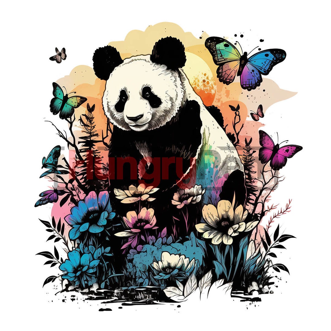 Panda PNG Printable Sublimation Design or Clipart Panda Flowers Garden ...