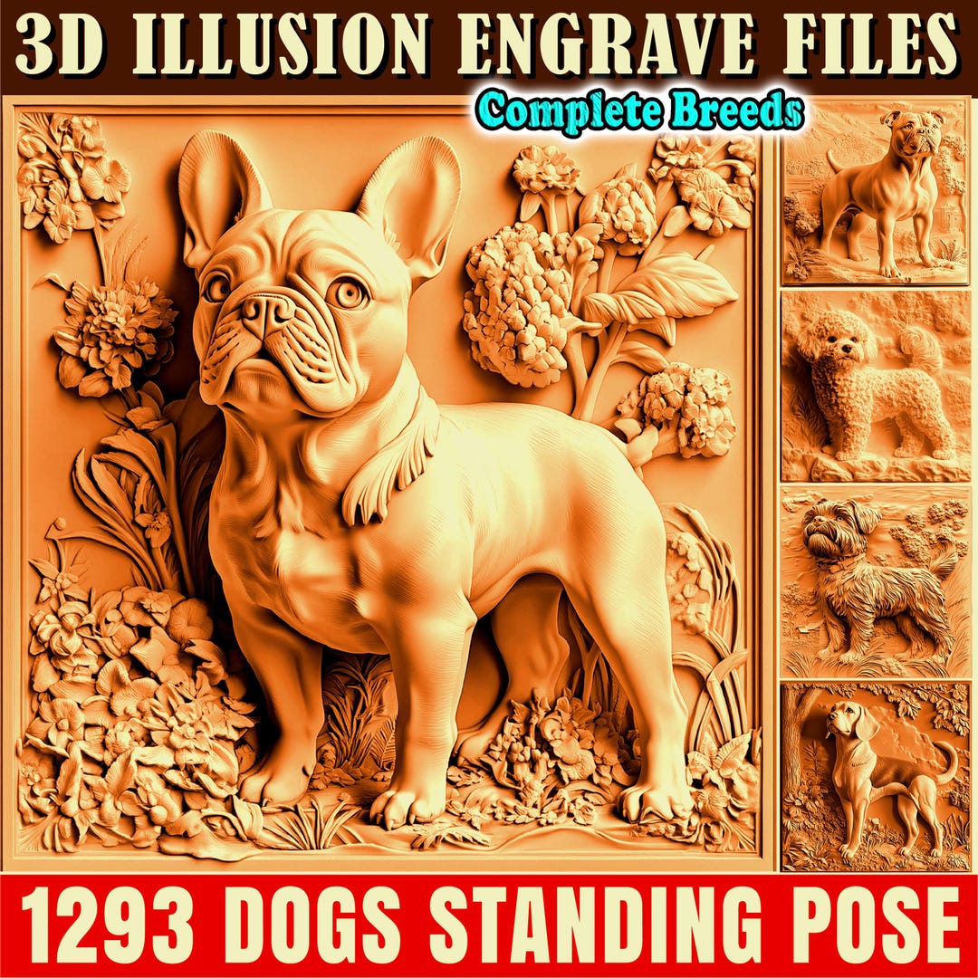 3D Illusion Engraving Files Standing Dogs Complete Breeds CNC Depth-map ...