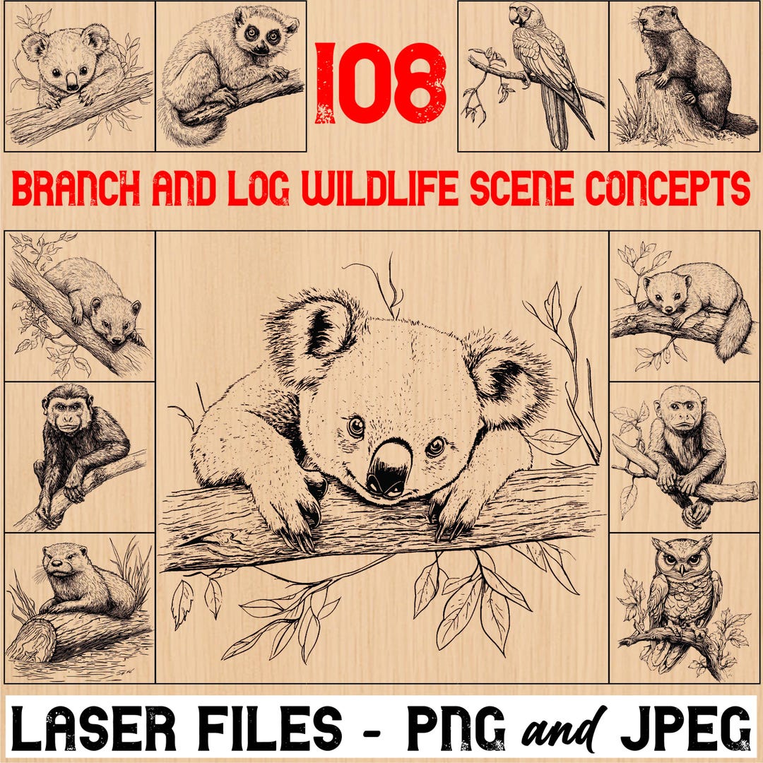Laser Engraving Files Branch and Log Wildlife Scene Concepts Bundle ...