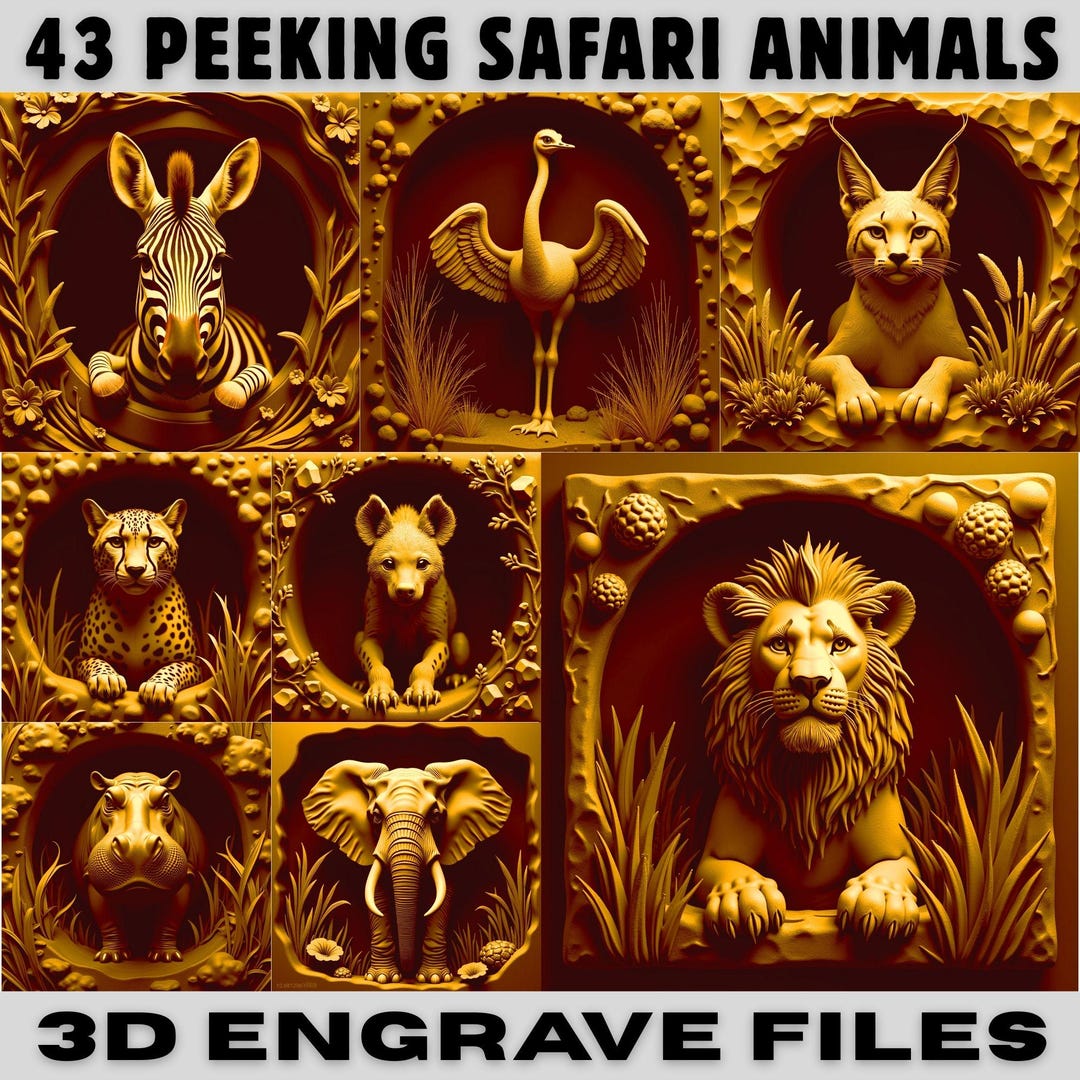 3D Engrave Grayscale Files Peeking Safari Animals Bas-relief Depth-map ...