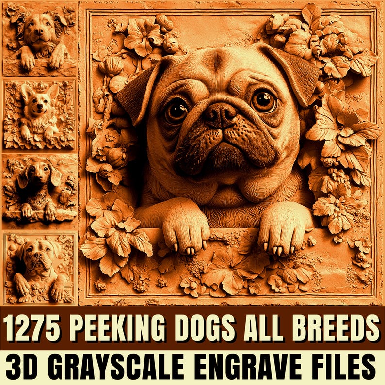 3D Relief Engraving Files Peeking Dog Breeds Collection for CNC Carving ...