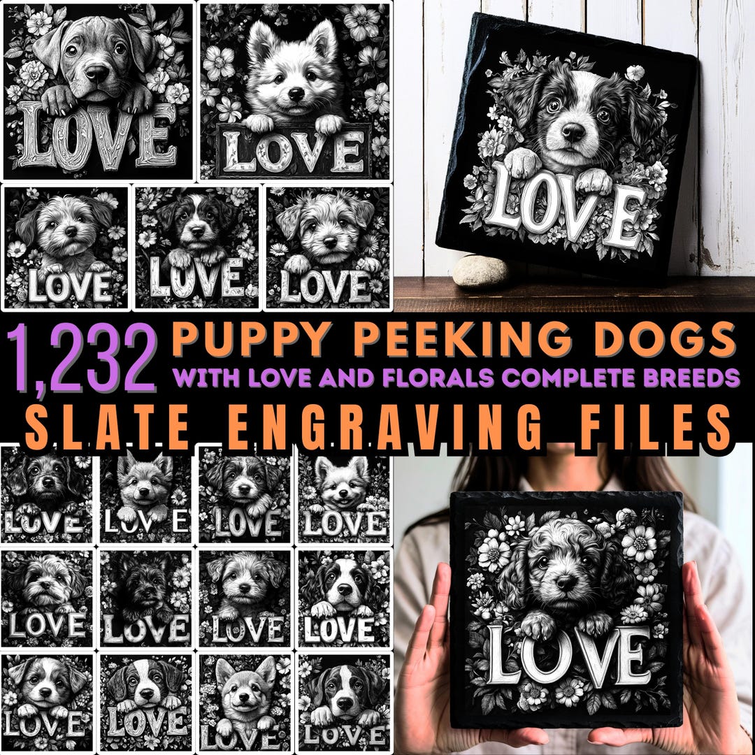 Slate Engraving Files Puppy Peeking Dogs With Love and Florals Bundle ...