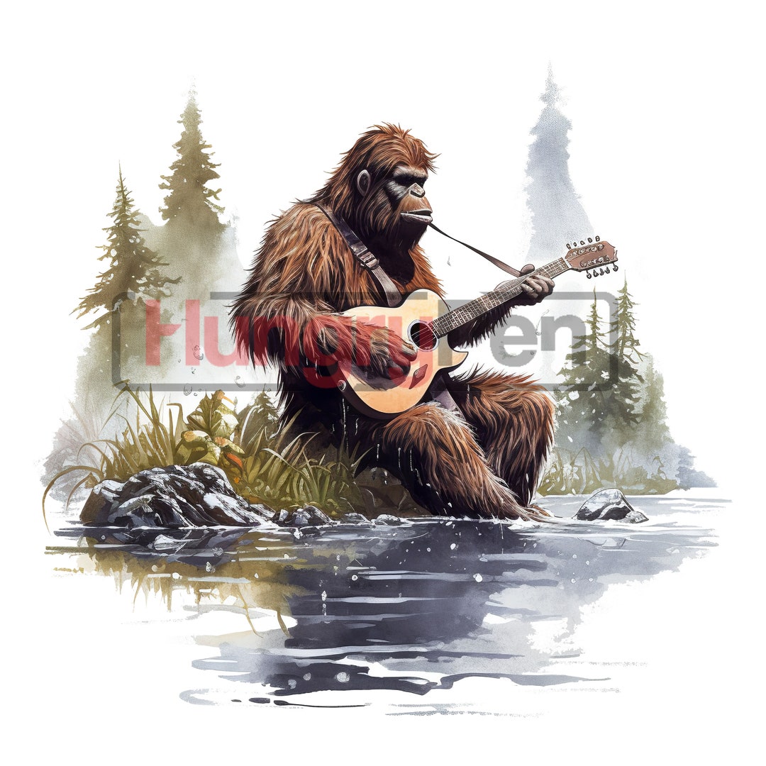 Bigfoot Playing Guitar in Stream PNG Sublimation Design, Creative ...