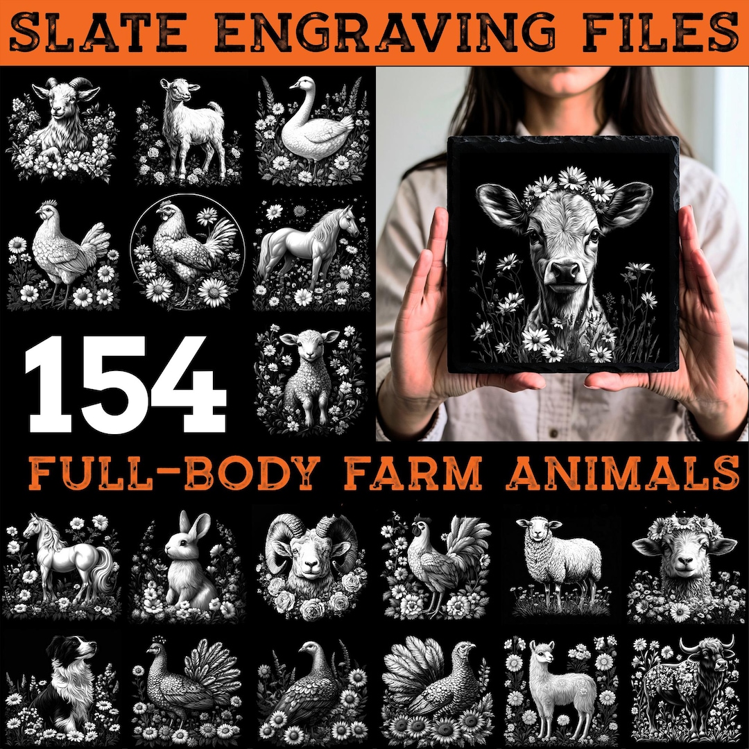 Slate Engraving Files Full-body Farm Animals With Floral Surroundings ...