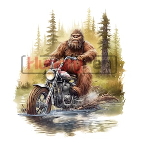 Bigfoot Sasquatch PNG Sublimation Design Riding Motorcycle in River ...