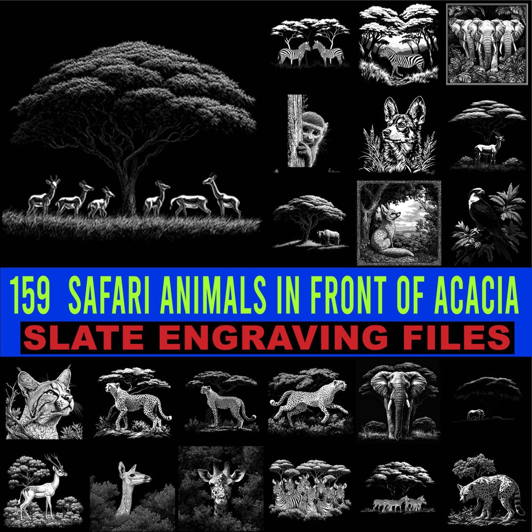 Slate Engraving Files Safari Animals Standing in Front of Acacia Trees ...