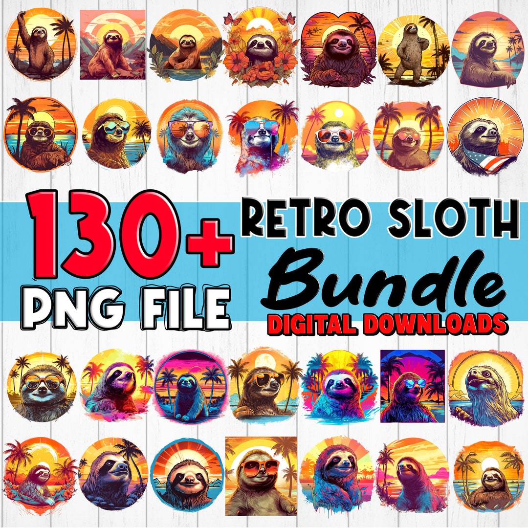 Retro Sloth PNG Bundle Sublimation Design Printable High - Etsy