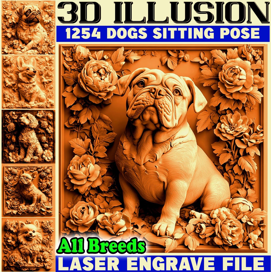 3D Illusion Engraving Files Dogs SITTING POSE 320 Breeds CNC Laser ...