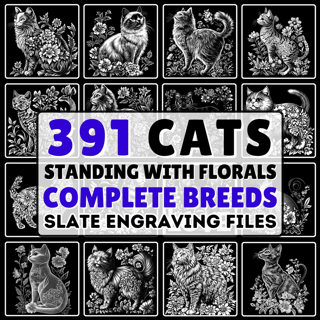 Slate Engrave Files Cats Standing With Florals Background Png & Jpeg ...