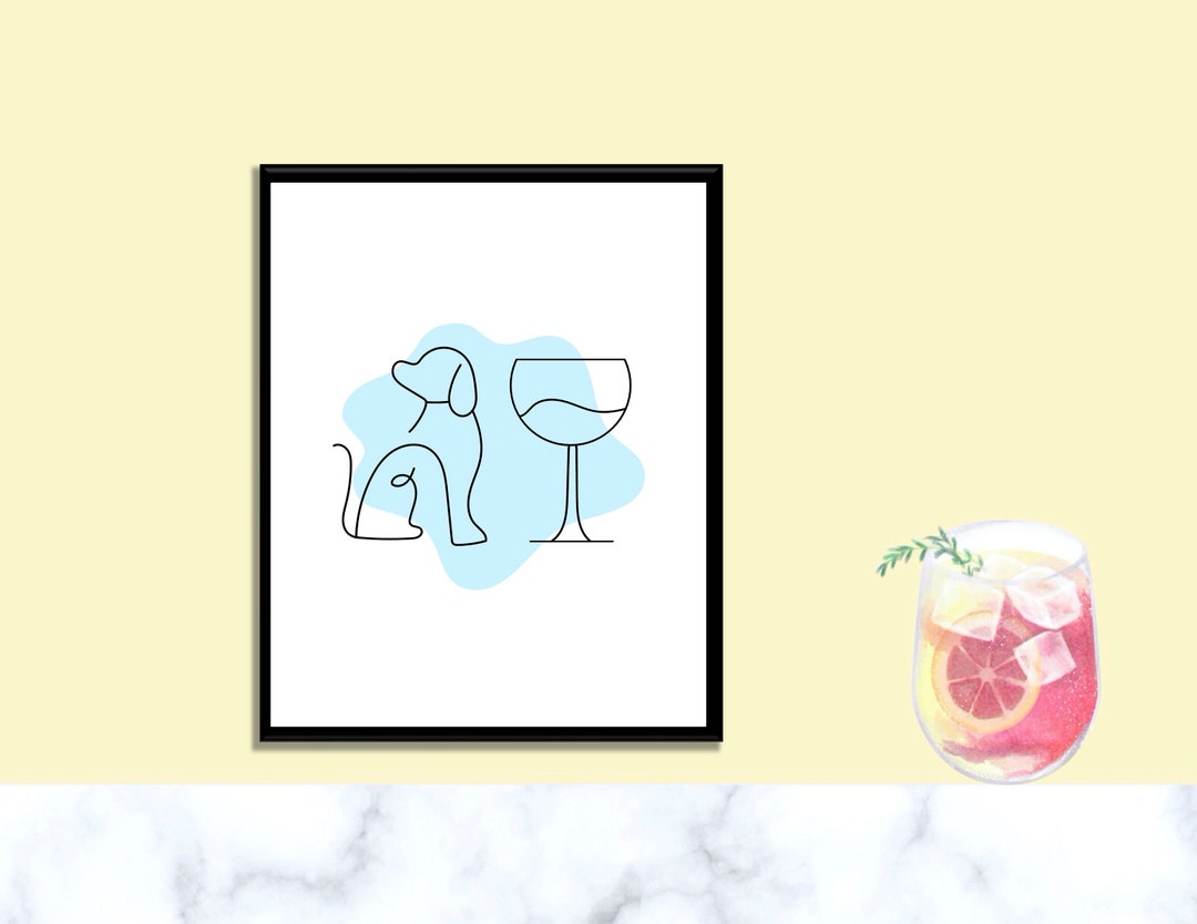 Wine and Dog Poster - Blue. Digital Download. Minimalist. Modern. Wall ...