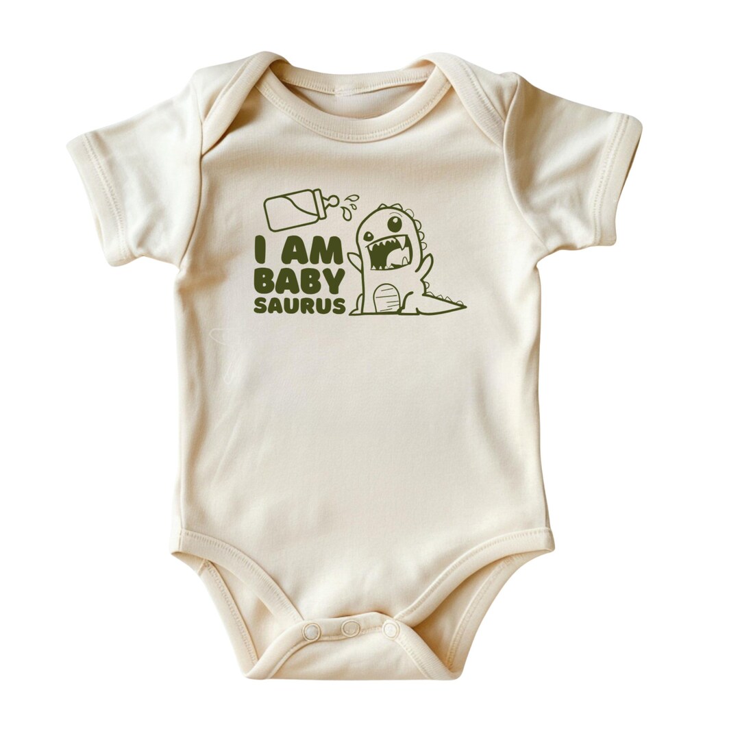 I Am Baby Saurus Onesie® • Dinosaur Baby Bodysuit • Natural Color Baby Clothing • Green Ink ...